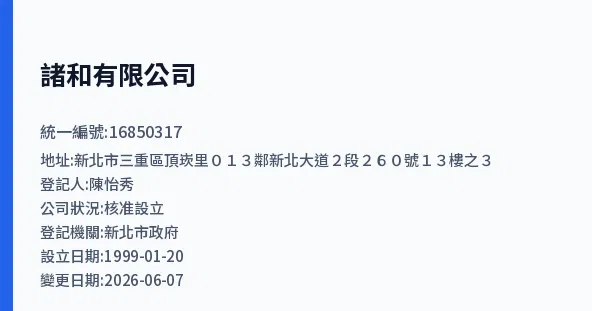 諸和有限公司的照片-統編 16850317(新北市) 公司登記資料與營業項目詳細圖表