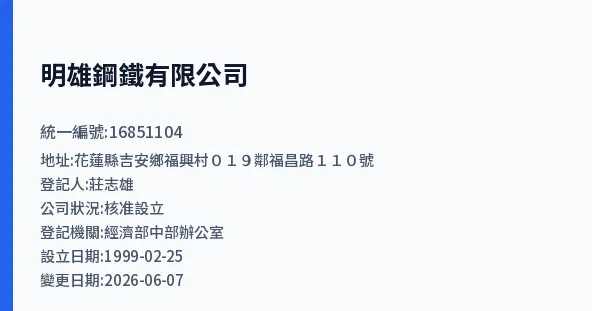 明雄鋼鐵有限公司的照片-統編 16851104(花蓮縣) 公司登記資料與營業項目詳細圖表