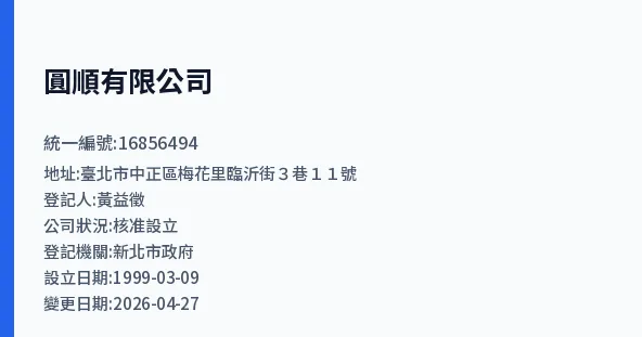 圓順有限公司的照片-統編 16856494(臺北市) 公司登記資料與營業項目詳細圖表