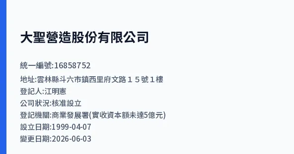 大聖營造股份有限公司的照片-統編 16858752(雲林縣) 公司登記資料與營業項目詳細圖表