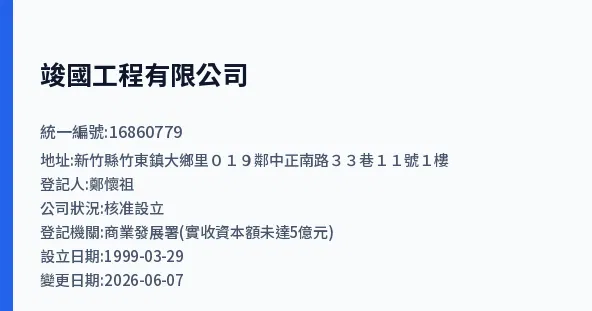 竣國工程有限公司的照片-統編 16860779(新竹縣) 公司登記資料與營業項目詳細圖表