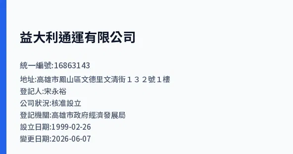 益大利通運有限公司的照片-統編 16863143(高雄市) 公司登記資料與營業項目詳細圖表