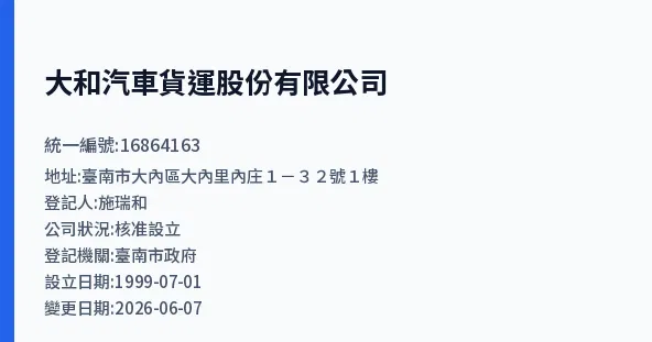 大和汽車貨運股份有限公司的照片-統編 16864163(臺南市) 公司登記資料與營業項目詳細圖表