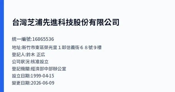 台灣芝浦先進科技股份有限公司的照片-統編 16865536(新竹市) 公司登記資料與營業項目詳細圖表