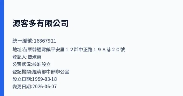 源客多有限公司的照片-統編 16867921(苗栗縣) 公司登記資料與營業項目詳細圖表