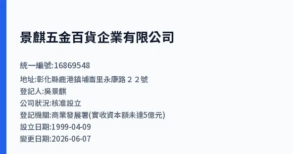 景麒五金百貨企業有限公司的照片-統編 16869548(彰化縣) 公司登記資料與營業項目詳細圖表