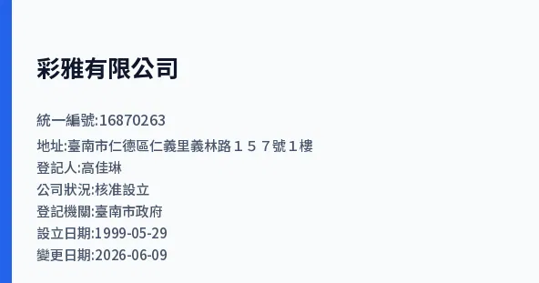 彩雅有限公司的照片-統編 16870263(臺南市) 公司登記資料與營業項目詳細圖表