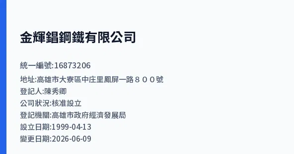 金輝錩鋼鐵有限公司的照片-統編 16873206(高雄市) 公司登記資料與營業項目詳細圖表