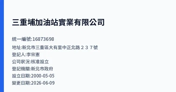 三重埔加油站實業有限公司的照片-統編 16873698(新北市) 公司登記資料與營業項目詳細圖表