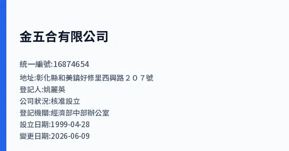 金五合有限公司的照片-統編 16874654(彰化縣) 公司登記資料與營業項目詳細圖表