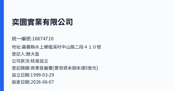 奕圜實業有限公司的照片-統編 16874710(嘉義縣) 公司登記資料與營業項目詳細圖表