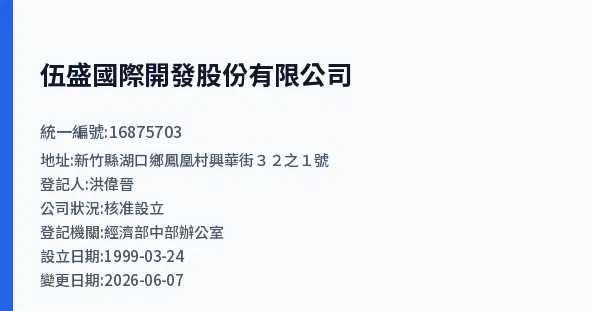 伍盛國際開發股份有限公司的照片-統編 16875703(新竹縣) 公司登記資料與營業項目詳細圖表