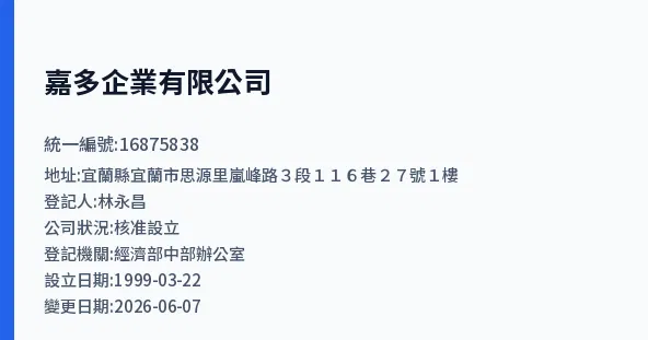 嘉多企業有限公司的照片-統編 16875838(宜蘭縣) 公司登記資料與營業項目詳細圖表