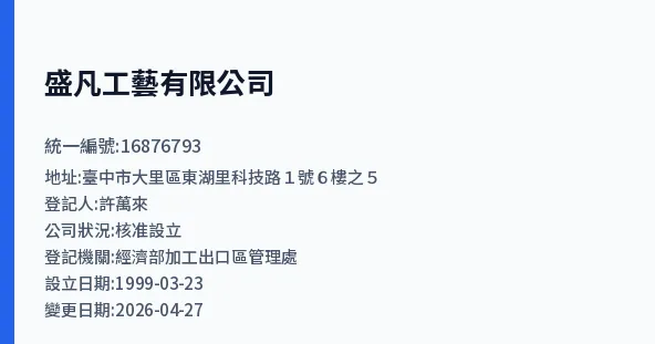 盛凡工藝有限公司的照片-統編 16876793(臺中市) 公司登記資料與營業項目詳細圖表