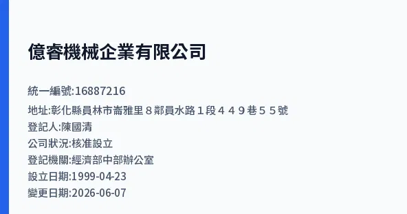 億睿機械企業有限公司的照片-統編 16887216(彰化縣) 公司登記資料與營業項目詳細圖表