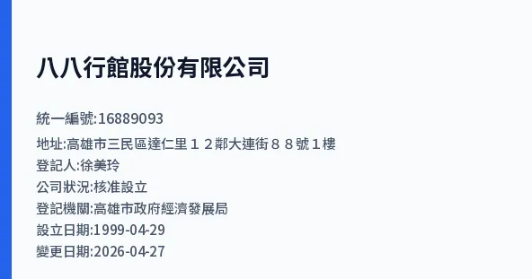 八八行館股份有限公司的照片-統編 16889093(高雄市) 公司登記資料與營業項目詳細圖表