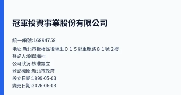 冠軍投資事業股份有限公司的照片-統編 16894758(新北市) 公司登記資料與營業項目詳細圖表