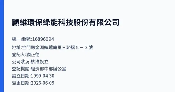 顧維環保綠能科技股份有限公司的照片-統編 16896094(金門縣) 公司登記資料與營業項目詳細圖表