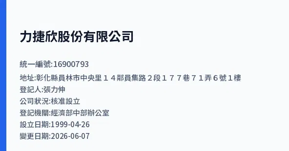 力捷欣股份有限公司的照片-統編 16900793(彰化縣) 公司登記資料與營業項目詳細圖表