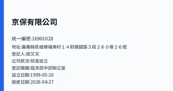 京保有限公司的照片-統編 16901028(嘉義縣) 公司登記資料與營業項目詳細圖表