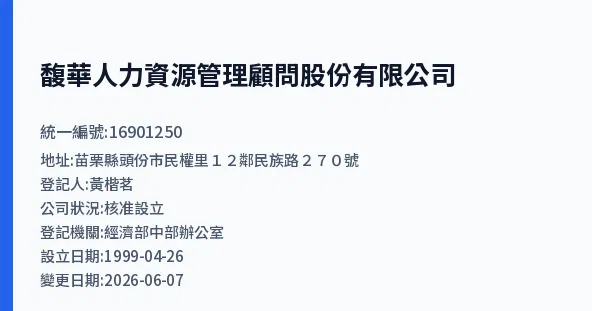 馥華人力資源管理顧問股份有限公司的照片-統編 16901250(苗栗縣) 公司登記資料與營業項目詳細圖表