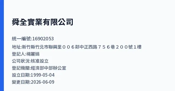 舜全實業有限公司的照片-統編 16902053(新竹縣) 公司登記資料與營業項目詳細圖表