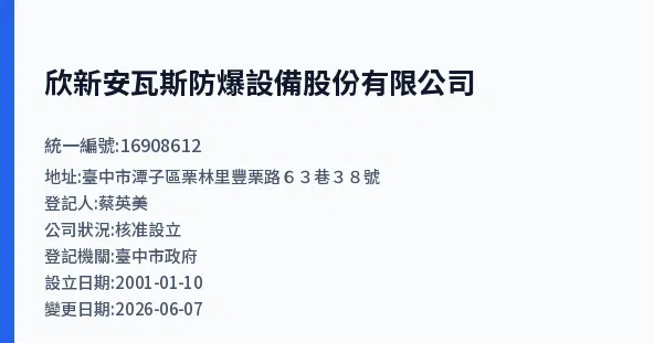 欣新安瓦斯防爆設備股份有限公司的照片-統編 16908612(臺中市) 公司登記資料與營業項目詳細圖表