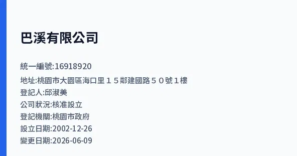 巴溪有限公司的照片-統編 16918920(桃園市) 公司登記資料與營業項目詳細圖表