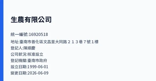 生農有限公司的照片-統編 16920518(臺南市) 公司登記資料與營業項目詳細圖表