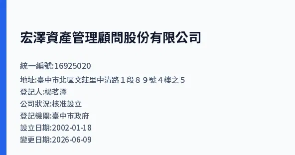 宏澤資產管理顧問股份有限公司的照片-統編 16925020(臺中市) 公司登記資料與營業項目詳細圖表