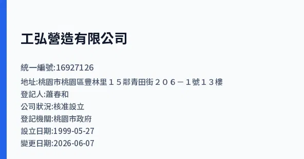 工弘營造有限公司的照片-統編 16927126(桃園市) 公司登記資料與營業項目詳細圖表