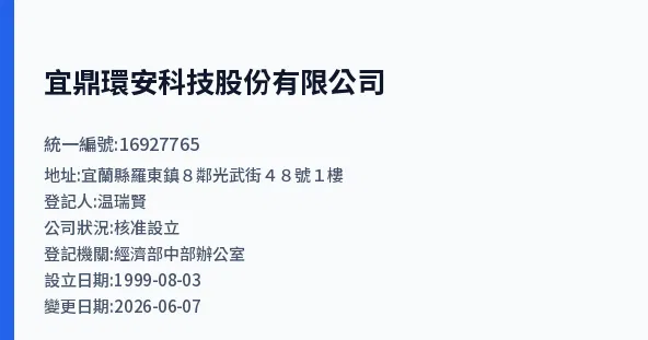 宜鼎環安科技股份有限公司的照片-統編 16927765(宜蘭縣) 公司登記資料與營業項目詳細圖表