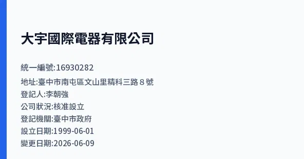 大宇國際電器有限公司的照片-統編 16930282(臺中市) 公司登記資料與營業項目詳細圖表