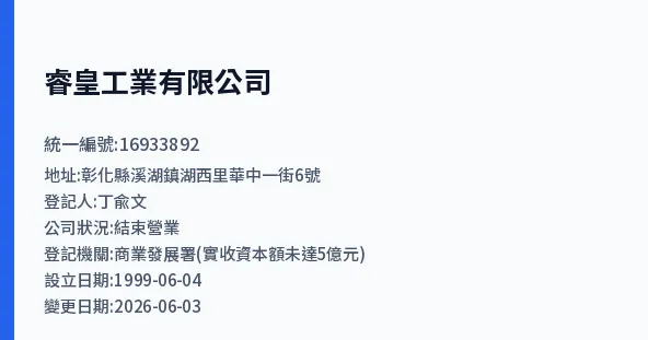 睿皇工業有限公司的照片-統編 16933892(彰化縣) 公司登記資料與營業項目詳細圖表