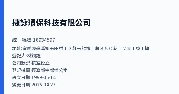 捷詠環保科技有限公司的照片-統編 16934597(宜蘭縣) 公司登記資料與營業項目詳細圖表