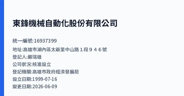 東鋒機械自動化股份有限公司的照片-統編 16937399(高雄市) 公司登記資料與營業項目詳細圖表