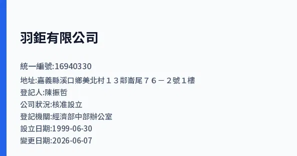 羽鉅有限公司的照片-統編 16940330(嘉義縣) 公司登記資料與營業項目詳細圖表