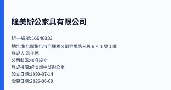 隆美辦公家具有限公司的照片-統編 16946833(彰化縣) 公司登記資料與營業項目詳細圖表
