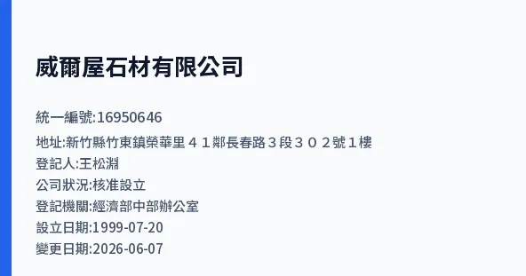 威爾屋石材有限公司的照片-統編 16950646(新竹縣) 公司登記資料與營業項目詳細圖表