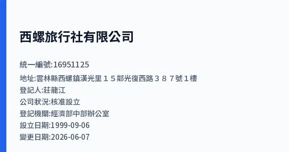 西螺旅行社有限公司的照片-統編 16951125(雲林縣) 公司登記資料與營業項目詳細圖表