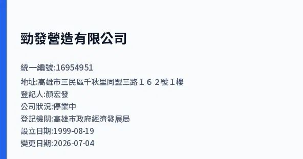 勁發營造有限公司的照片-統編 16954951(高雄市) 公司登記資料與營業項目詳細圖表