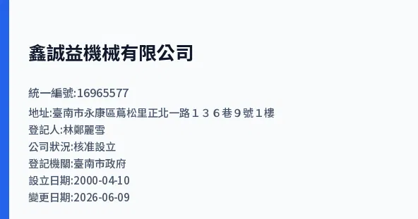 鑫誠益機械有限公司的照片-統編 16965577(臺南市) 公司登記資料與營業項目詳細圖表