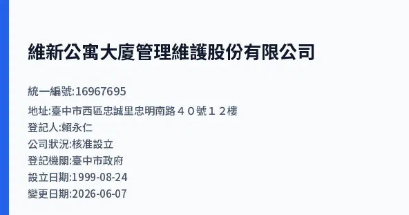 維新公寓大廈管理維護股份有限公司的照片-統編 16967695(臺中市) 公司登記資料與營業項目詳細圖表