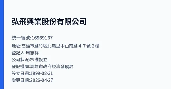 弘飛興業股份有限公司的照片-統編 16969167(高雄市) 公司登記資料與營業項目詳細圖表