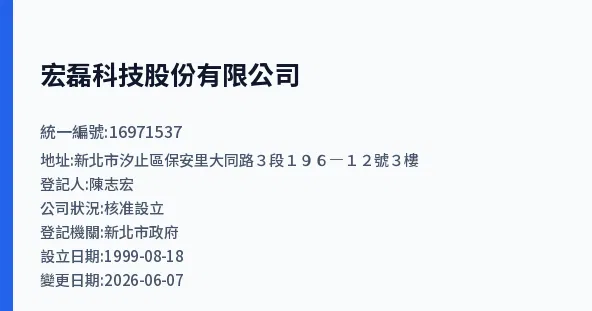 宏磊科技股份有限公司的照片-統編 16971537(新北市) 公司登記資料與營業項目詳細圖表