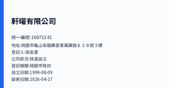 軒曜有限公司的照片-統編 16972141(桃園市) 公司登記資料與營業項目詳細圖表