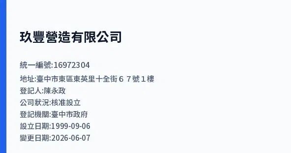 玖豐營造有限公司的照片-統編 16972304(臺中市) 公司登記資料與營業項目詳細圖表