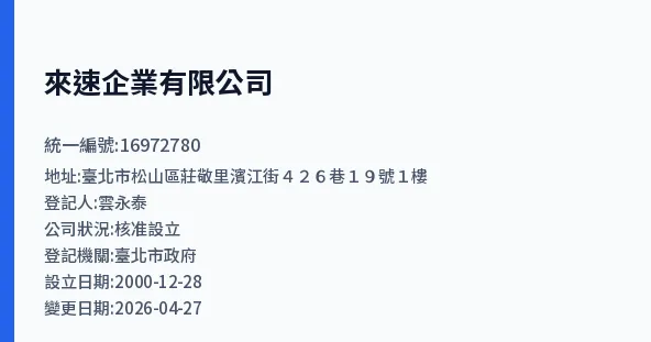 來速企業有限公司的照片-統編 16972780(臺北市) 公司登記資料與營業項目詳細圖表