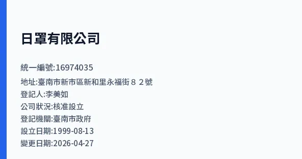 日罩有限公司的照片-統編 16974035(臺南市) 公司登記資料與營業項目詳細圖表