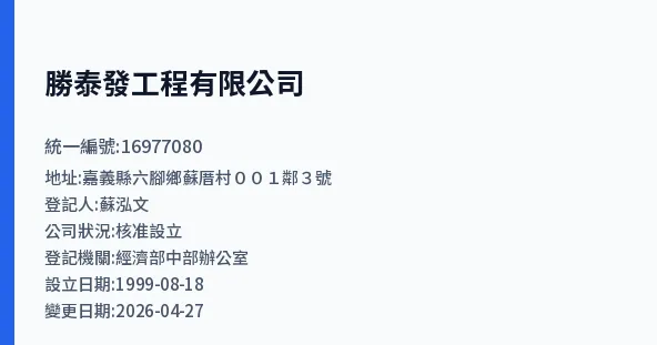 勝泰發工程有限公司的照片-統編 16977080(嘉義縣) 公司登記資料與營業項目詳細圖表